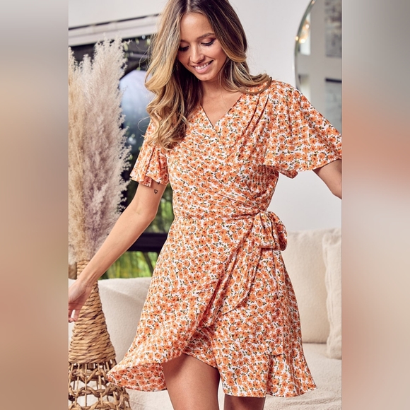 BiBi | Dresses | Bibi Floral Tied Short Sleeve Mini Wrap Dress Fast ...
